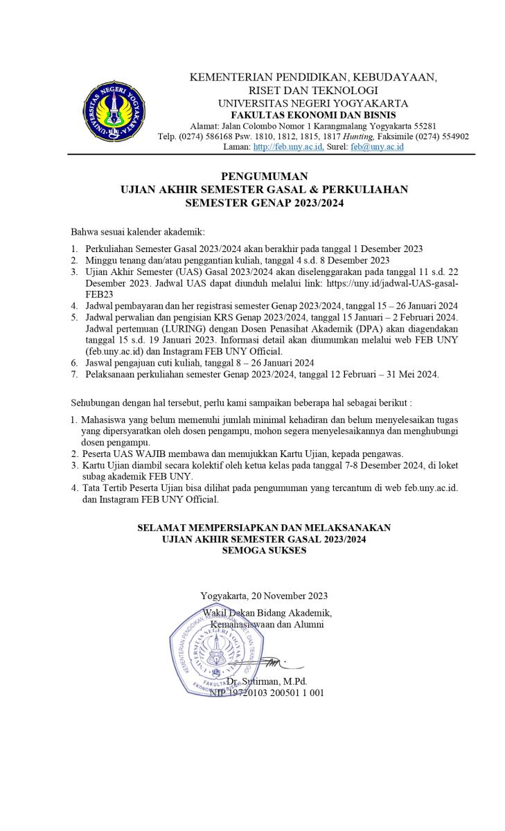 Informasi Pelaksanaan Ujian Akhir Semester Gasal 2023/2024 dan Perkuliahan Semester Genap 2023/ ...